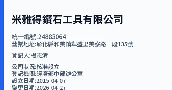 米雅得鑽石工具有限公司的照片-統編 24885064(彰化縣) 公司登記資料與營業項目詳細圖表