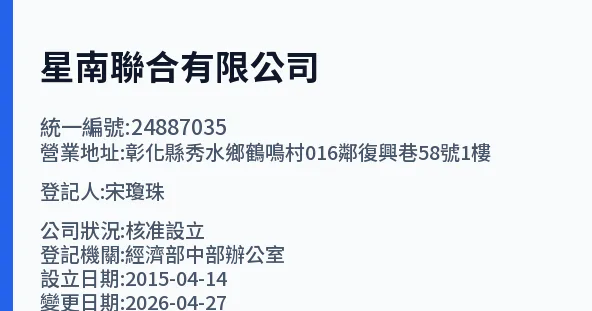 星南聯合有限公司的照片-統編 24887035(彰化縣) 公司登記資料與營業項目詳細圖表