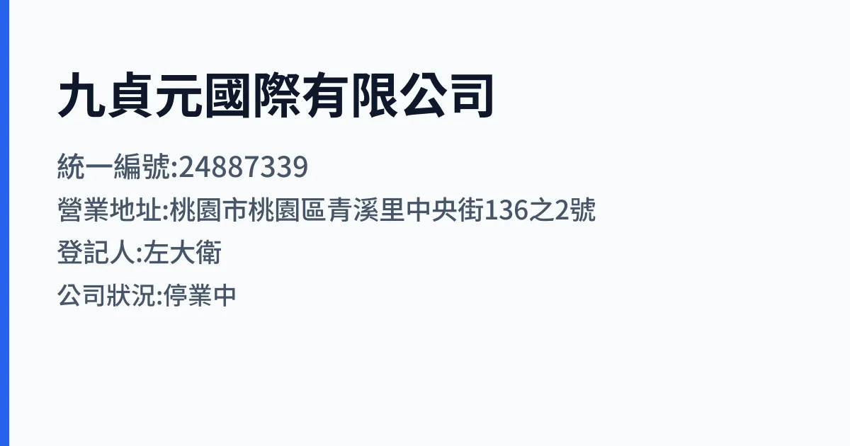 九貞元國際有限公司 - 統編 24887339（桃園市） 公司登記資料與營業項目詳細圖表
