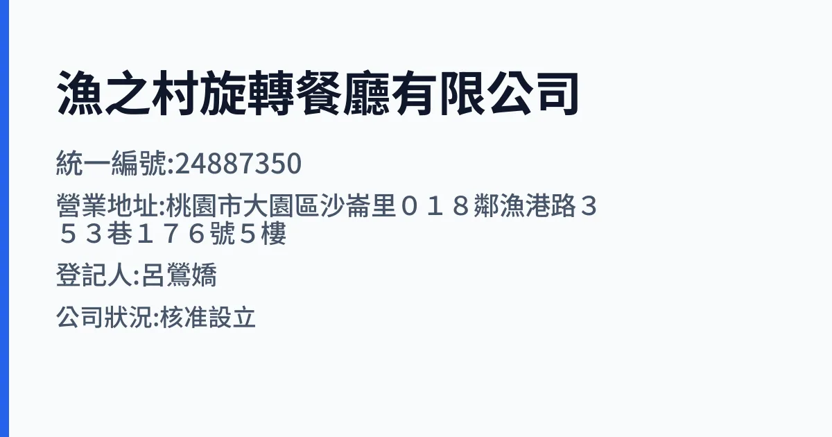 漁之村旋轉餐廳有限公司 - 統編 24887350(桃園市) 公司登記資料與營業項目詳細圖表