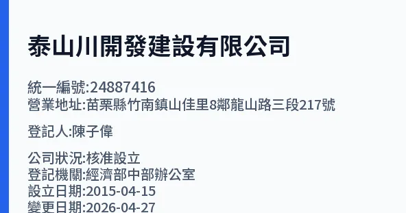 泰山川開發建設有限公司的照片-統編 24887416(苗栗縣) 公司登記資料與營業項目詳細圖表