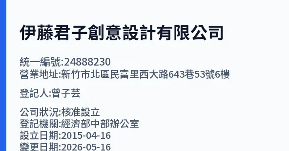 伊藤君子創意設計有限公司的照片-統編 24888230(新竹市) 公司登記資料與營業項目詳細圖表