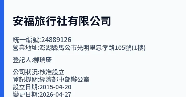 安福旅行社有限公司的照片-統編 24889126(澎湖縣) 公司登記資料與營業項目詳細圖表