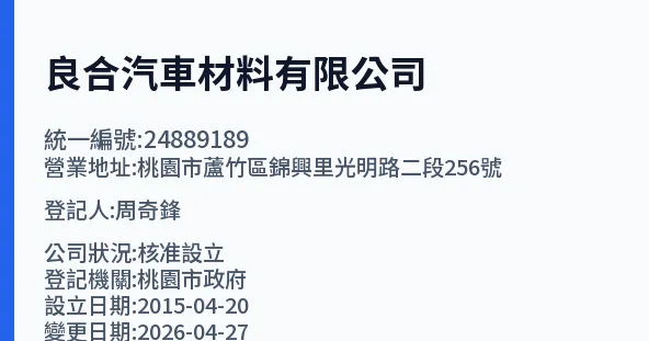 良合汽車材料有限公司的照片-統編 24889189(桃園市) 公司登記資料與營業項目詳細圖表