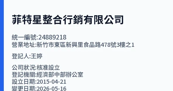 菲特星整合行銷有限公司的照片-統編 24889218(新竹市) 公司登記資料與營業項目詳細圖表