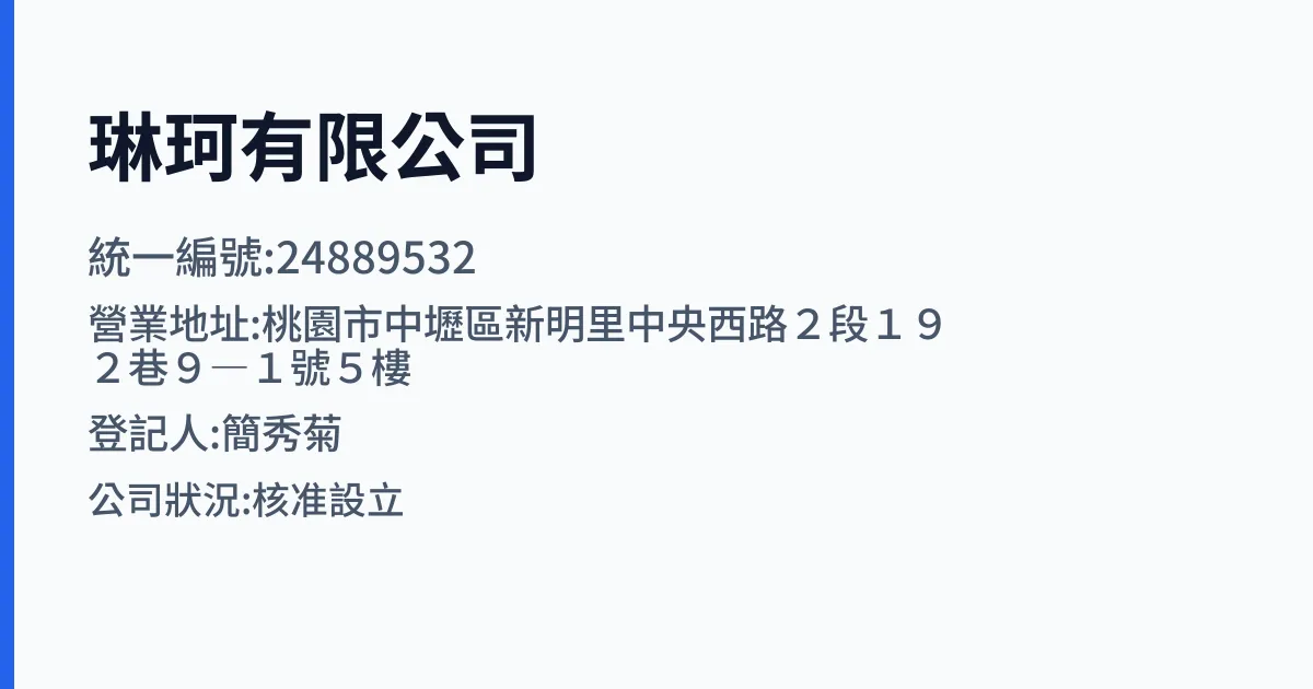 琳珂有限公司 - 統編 24889532(桃園市) 公司登記資料與營業項目詳細圖表