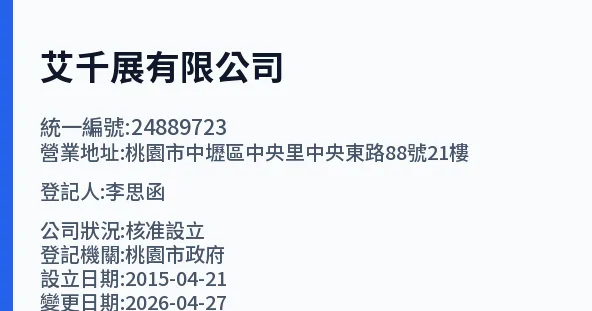 艾千展有限公司的照片-統編 24889723(桃園市) 公司登記資料與營業項目詳細圖表