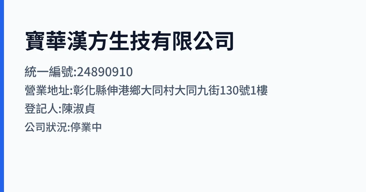 寶華漢方生技有限公司 - 統編 24890910(彰化縣) 公司登記資料與營業項目詳細圖表