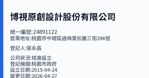 博視原創設計股份有限公司的照片-統編 24891122(桃園市) 公司登記資料與營業項目詳細圖表