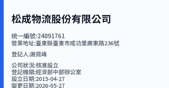 松成物流股份有限公司的照片-統編 24891761(臺東縣) 公司登記資料與營業項目詳細圖表