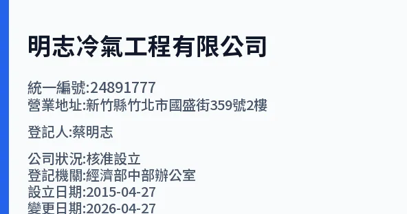 明志冷氣工程有限公司的照片-統編 24891777(新竹縣) 公司登記資料與營業項目詳細圖表