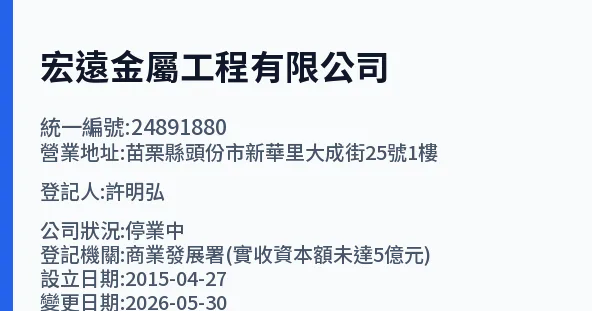 宏遠金屬工程有限公司的照片-統編 24891880(苗栗縣) 公司登記資料與營業項目詳細圖表