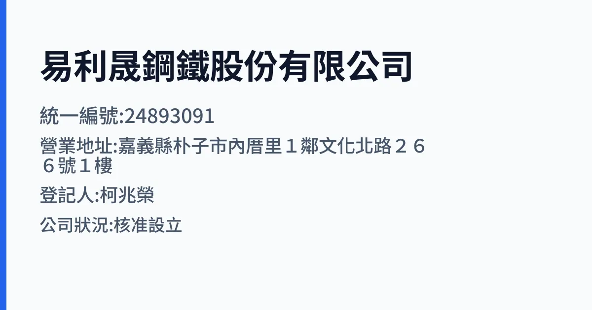 易利晟鋼鐵股份有限公司 - 統編 24893091（嘉義縣） 公司登記資料與營業項目詳細圖表