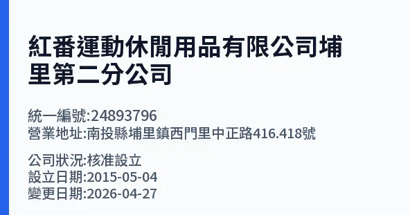 紅番運動休閒用品有限公司埔里第二分公司的照片-統編 24893796(南投縣) 公司登記資料與營業項目詳細圖表