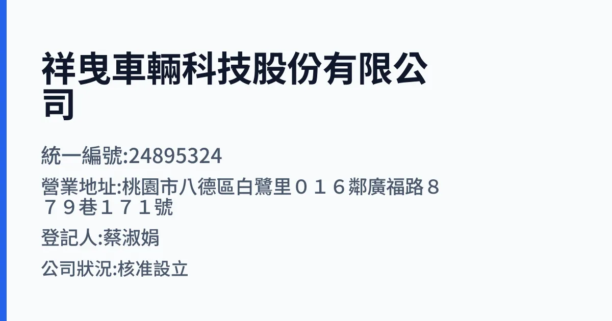 祥曳車輛科技股份有限公司 - 統編 24895324(桃園市) 公司登記資料與營業項目詳細圖表