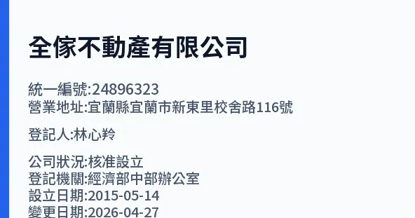 全傢不動產有限公司的照片-統編 24896323(宜蘭縣) 公司登記資料與營業項目詳細圖表