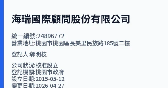 海瑞國際顧問股份有限公司的照片-統編 24896772(桃園市) 公司登記資料與營業項目詳細圖表