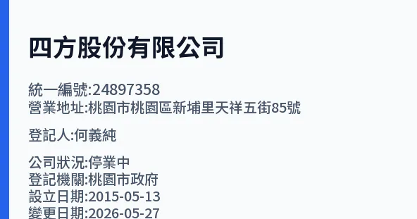 四方股份有限公司的照片-統編 24897358(桃園市) 公司登記資料與營業項目詳細圖表