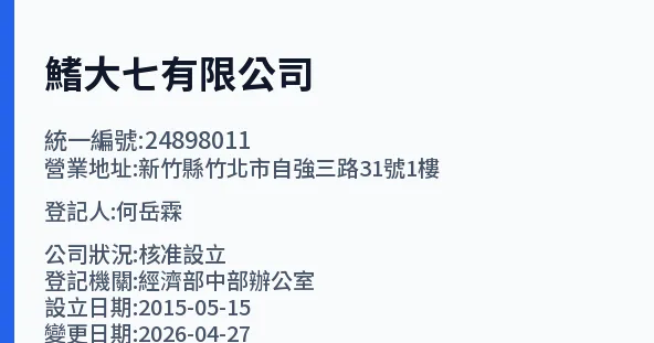 鰭大七有限公司的照片-統編 24898011(新竹縣) 公司登記資料與營業項目詳細圖表