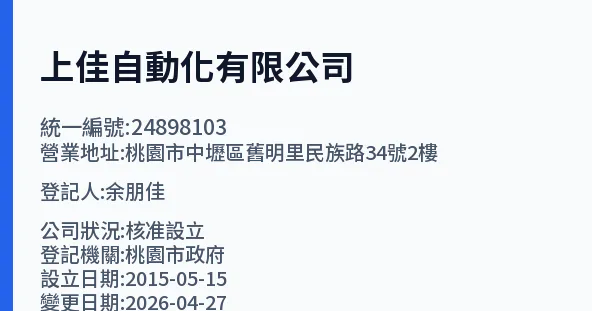 上佳自動化有限公司的照片-統編 24898103(桃園市) 公司登記資料與營業項目詳細圖表