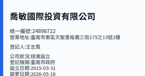 喬敏國際投資有限公司的照片-統編 24898722(臺南市) 公司登記資料與營業項目詳細圖表