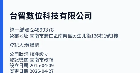 台智數位科技有限公司的照片-統編 24899378(臺南市) 公司登記資料與營業項目詳細圖表