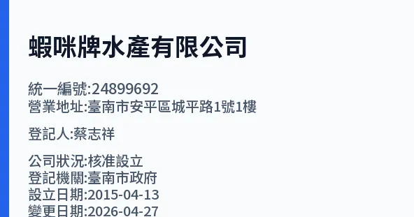 蝦咪牌水產有限公司的照片-統編 24899692(臺南市) 公司登記資料與營業項目詳細圖表