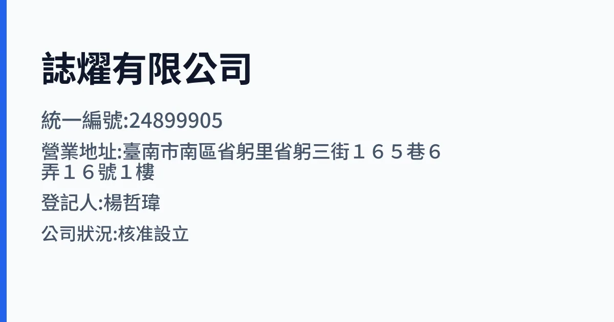 誌燿有限公司 - 統編 24899905(臺南市) 公司登記資料與營業項目詳細圖表