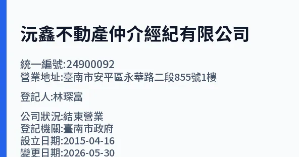 沅鑫不動產仲介經紀有限公司的照片-統編 24900092(臺南市) 公司登記資料與營業項目詳細圖表