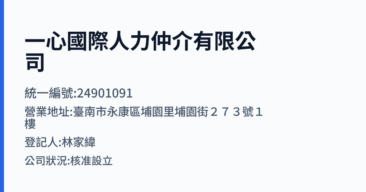 一心國際人力仲介有限公司 - 統編 24901091(臺南市) 公司登記資料與營業項目詳細圖表