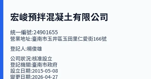 宏峻預拌混凝土有限公司的照片-統編 24901655(臺南市) 公司登記資料與營業項目詳細圖表