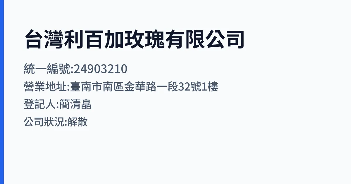 台灣利百加玫瑰有限公司 - 統編 24903210(臺南市) 公司登記資料與營業項目詳細圖表
