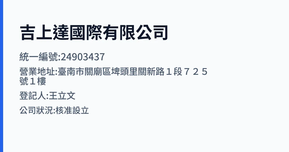 吉上達國際有限公司 - 統編 24903437（臺南市） 公司登記資料與營業項目詳細圖表