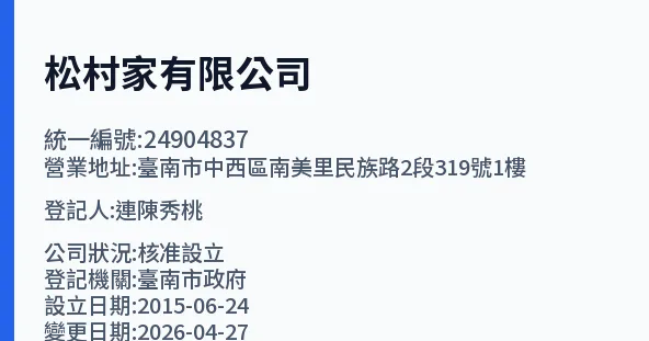 松村家有限公司的照片-統編 24904837(臺南市) 公司登記資料與營業項目詳細圖表