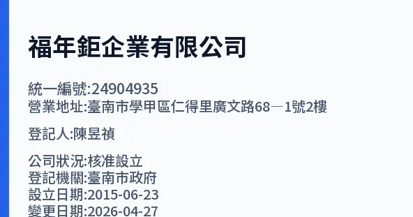 福年鉅企業有限公司的照片-統編 24904935(臺南市) 公司登記資料與營業項目詳細圖表