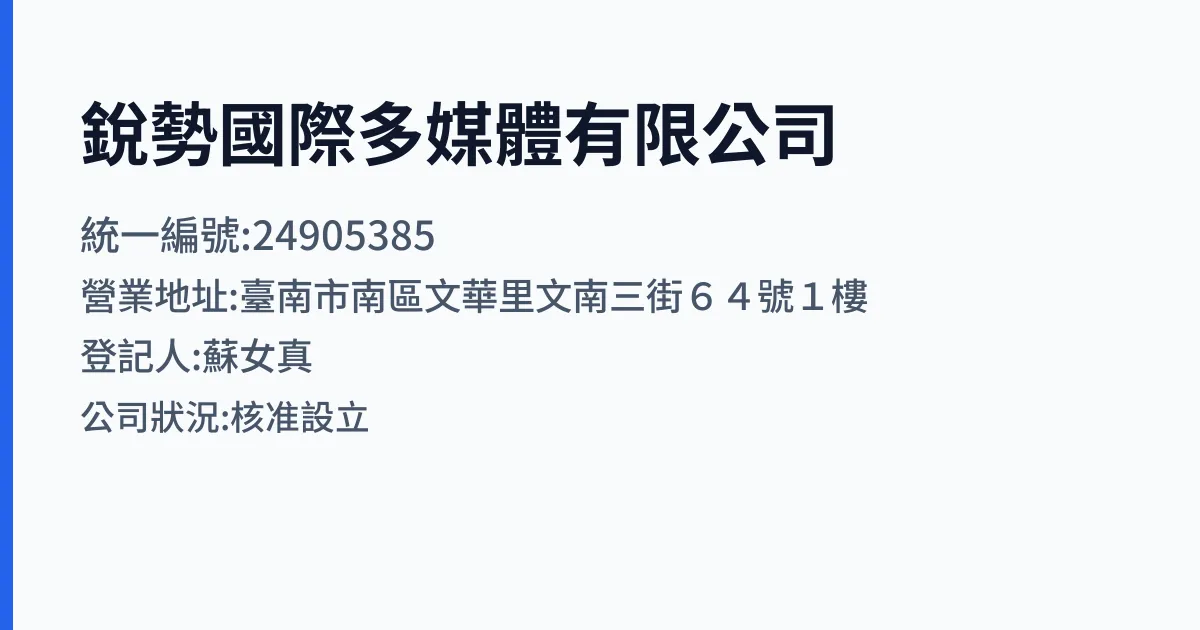 銳勢國際多媒體有限公司 - 統編 24905385(臺南市) 公司登記資料與營業項目詳細圖表
