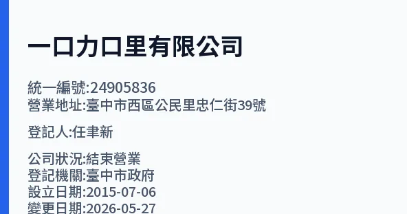 一口力口里有限公司的照片-統編 24905836(臺中市) 公司登記資料與營業項目詳細圖表