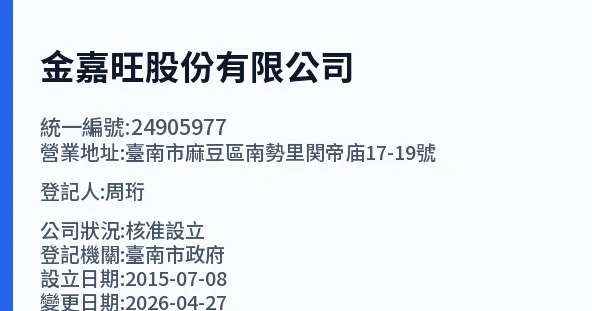 金嘉旺股份有限公司的照片-統編 24905977(臺南市) 公司登記資料與營業項目詳細圖表