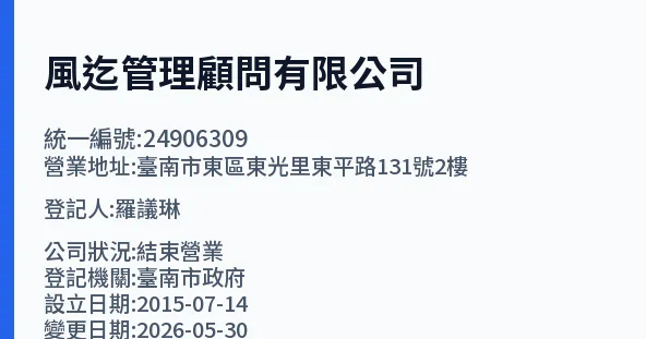 風迄管理顧問有限公司的照片-統編 24906309(臺南市) 公司登記資料與營業項目詳細圖表