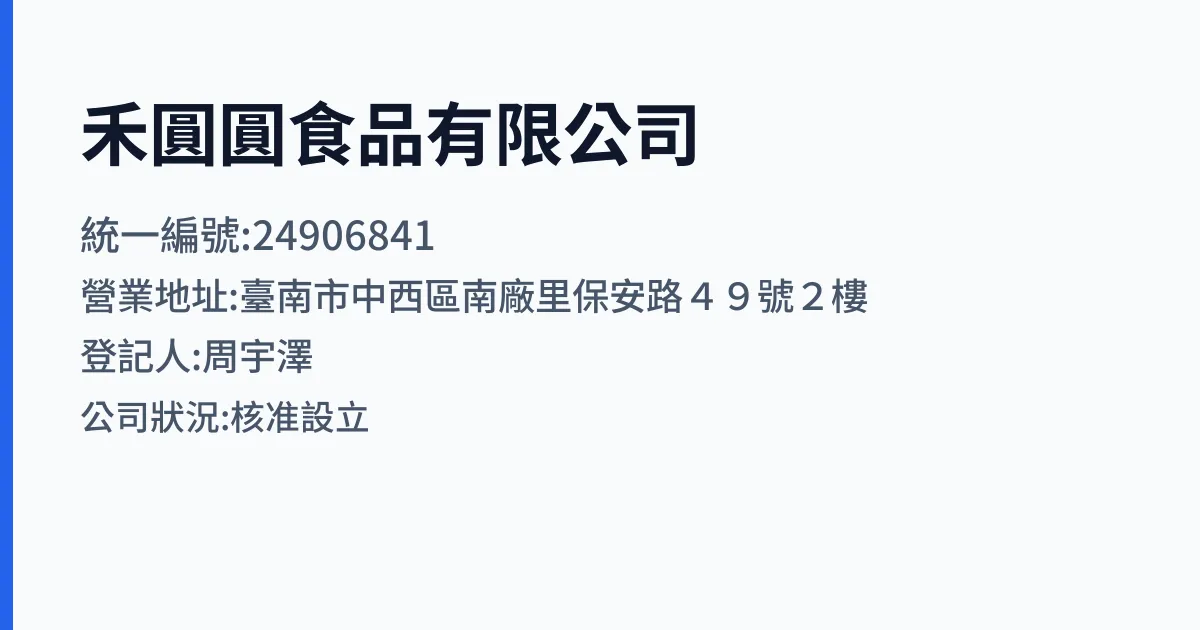禾圓圓食品有限公司 - 統編 24906841(臺南市) 公司登記資料與營業項目詳細圖表