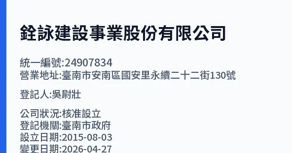 銓詠建設事業股份有限公司的照片-統編 24907834(臺南市) 公司登記資料與營業項目詳細圖表