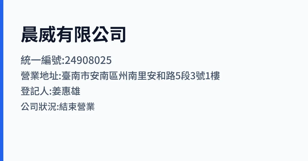 晨威有限公司 - 統編 24908025(臺南市) 公司登記資料與營業項目詳細圖表