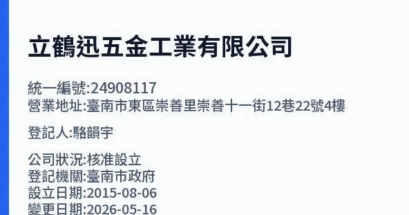 立鶴迅五金工業有限公司的照片-統編 24908117(臺南市) 公司登記資料與營業項目詳細圖表