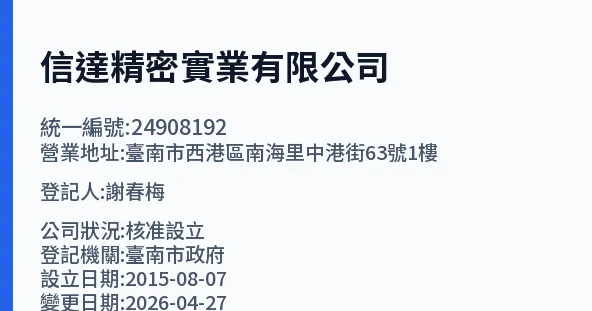 信達精密實業有限公司的照片-統編 24908192(臺南市) 公司登記資料與營業項目詳細圖表
