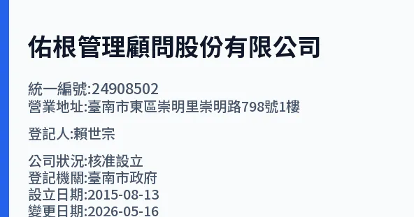 佑根管理顧問股份有限公司的照片-統編 24908502(臺南市) 公司登記資料與營業項目詳細圖表