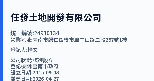 任發土地開發有限公司的照片-統編 24910134(臺南市) 公司登記資料與營業項目詳細圖表