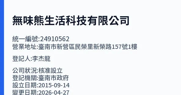 無味熊生活科技有限公司的照片-統編 24910562(臺南市) 公司登記資料與營業項目詳細圖表