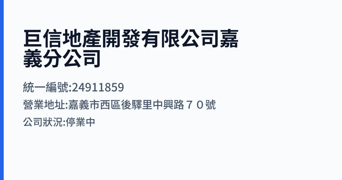 巨信地產開發有限公司嘉義分公司 - 統編 24911859(嘉義市) 公司登記資料與營業項目詳細圖表