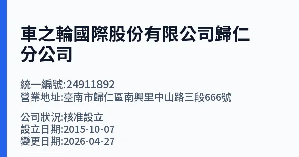 車之輪國際股份有限公司歸仁分公司的照片-統編 24911892(臺南市) 公司登記資料與營業項目詳細圖表