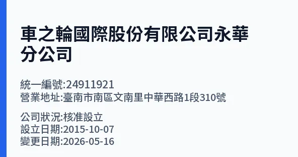 車之輪國際股份有限公司永華分公司的照片-統編 24911921(臺南市) 公司登記資料與營業項目詳細圖表